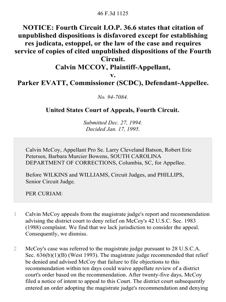 Calvin McCoy v. Parker Evatt, Commissioner (SCDC), 46 F.3d 1125, 4th ...