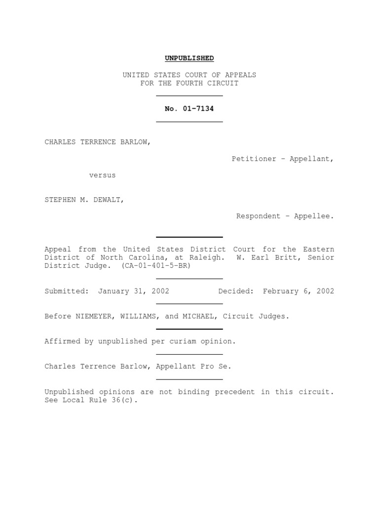 Barlow v. Dewalt, 4th Cir. (2002) | PDF