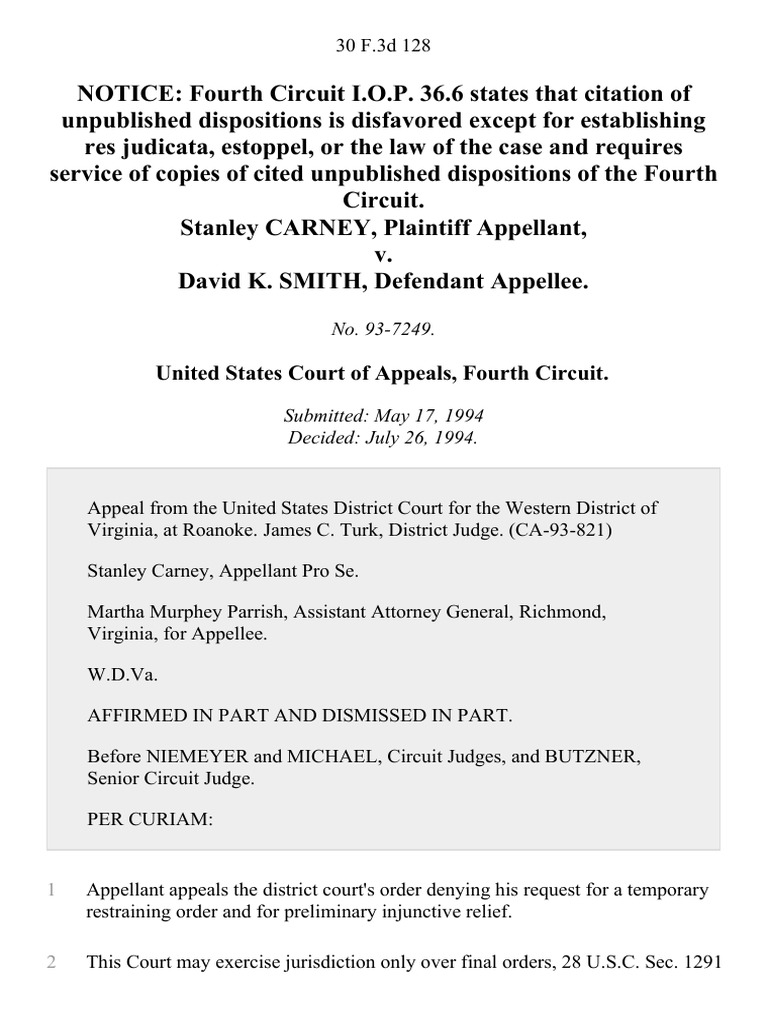 Stanley Carney v. David K. Smith, 30 F.3d 128, 4th Cir. (1994) | PDF