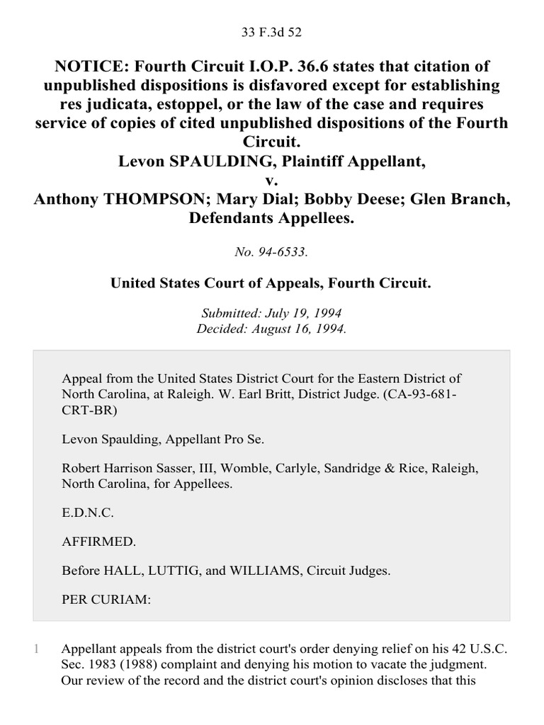 Levon Spaulding v. Anthony Thompson Mary Dial Bobby Deese Glen Branch ...