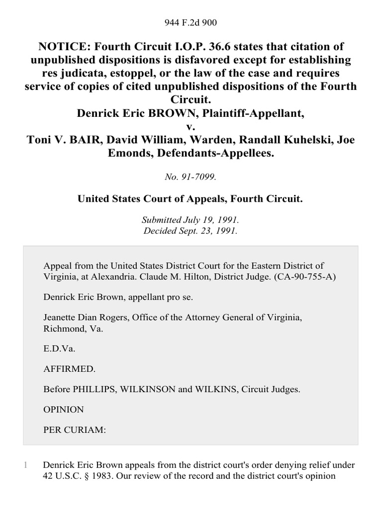 Denrick Eric Brown v. Toni v. Bair, David William, Warden, Randall Kuhelski, Joe Emonds, 944 F ...