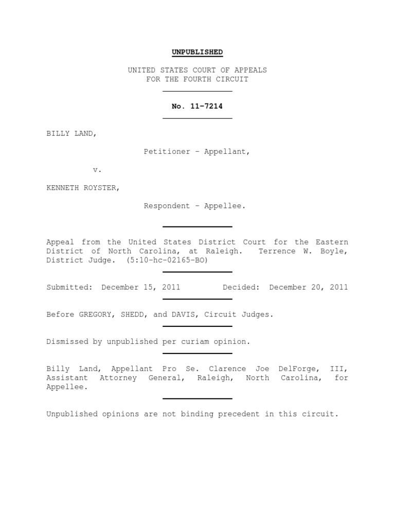Billy Land v. Kenneth Royster, 4th Cir. (2011) | PDF