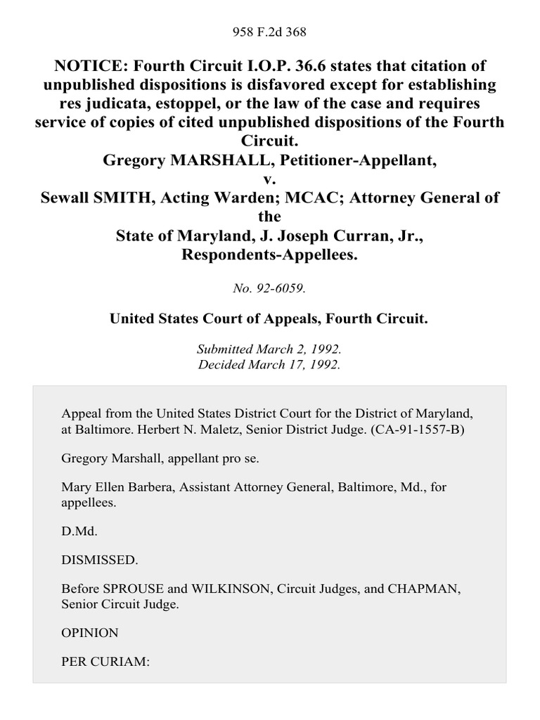 Gregory Marshall v. Sewall Smith, Acting Warden McAc Attorney General ...