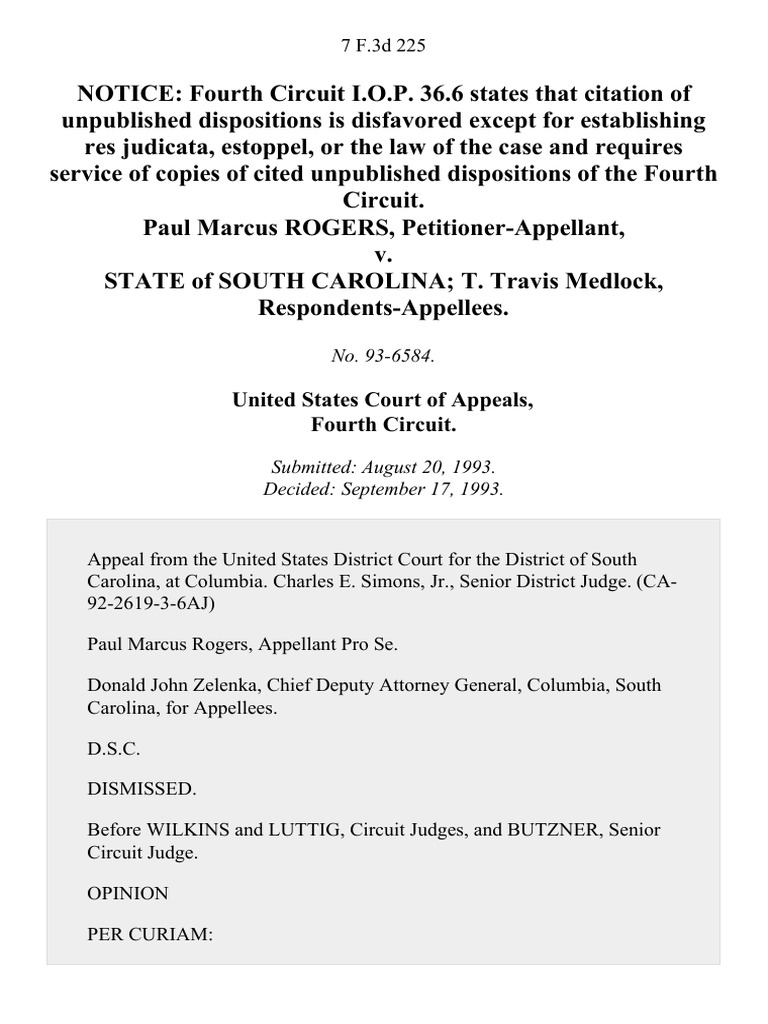Paul Marcus Rogers v. State of South Carolina T. Travis Medlock, 7 F.3d ...