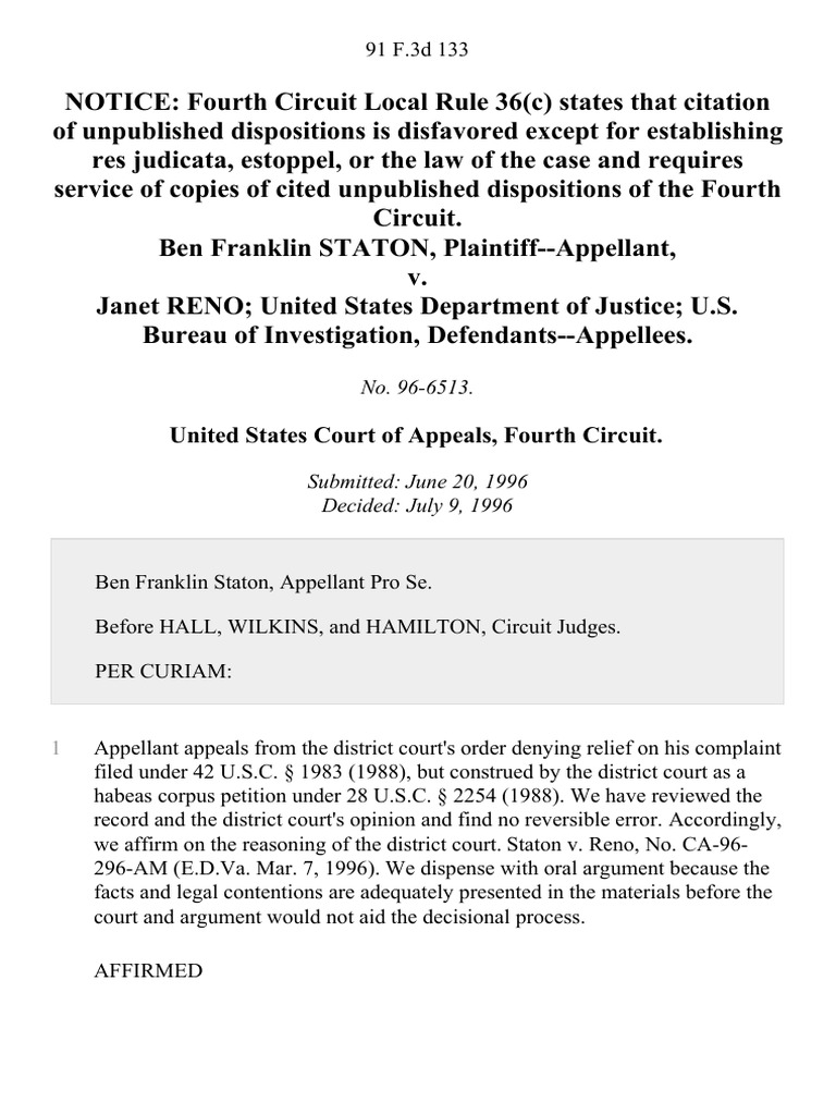 Ben Franklin Staton v. Janet Reno United States Department of Justice U ...