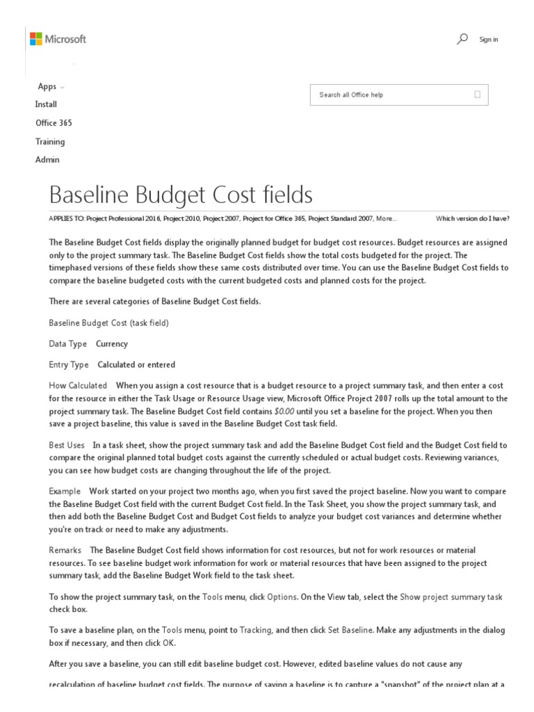 Baseline Budget Cost Fields - Project | PDF