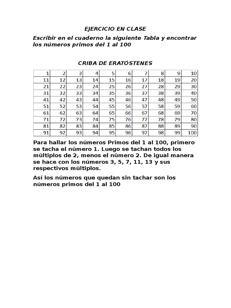 Números Primos del 1 al 100 | PDF | Métodos y materiales de enseñanza