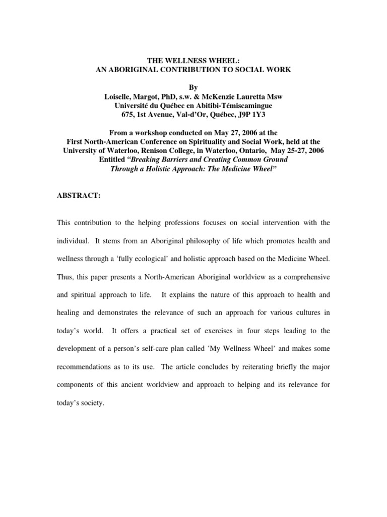 The Wellness Wheel Conference An Aboriginal Contribution To Social Work ...