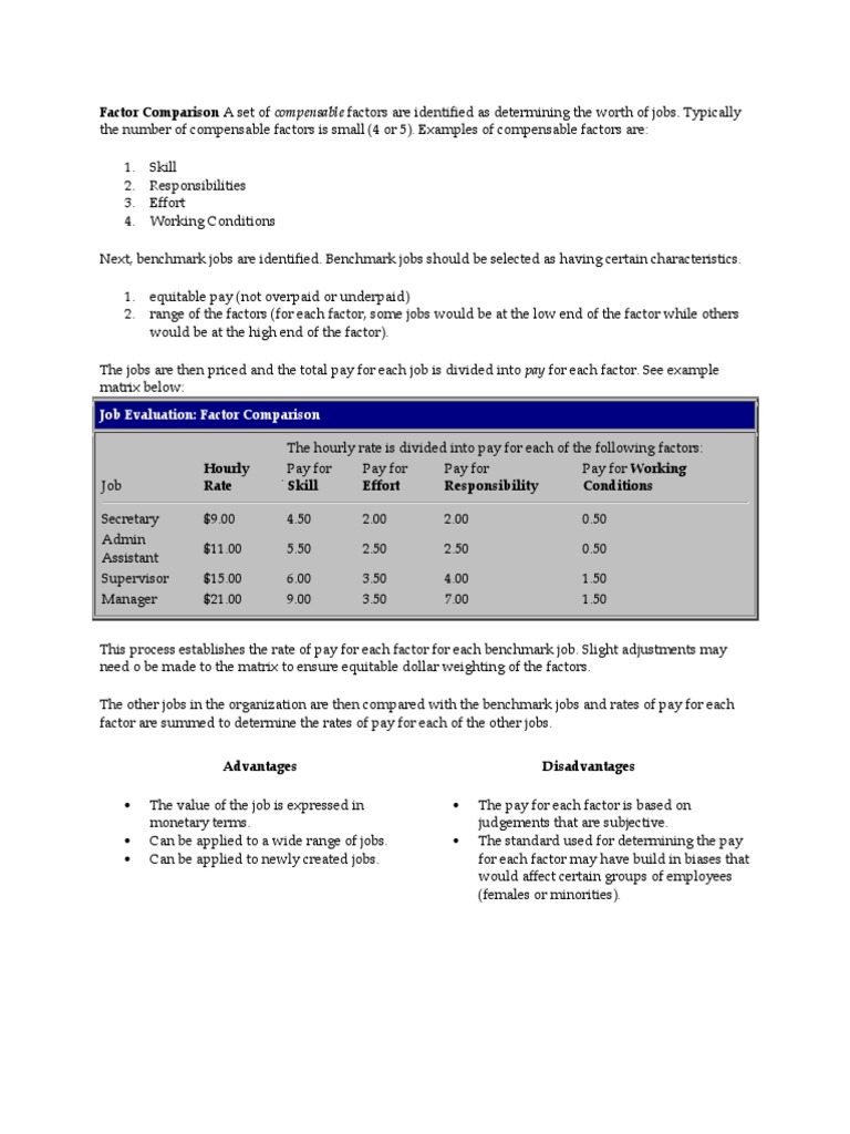 Factor Comparison A Set of Compensable Factors Are Identified As ...