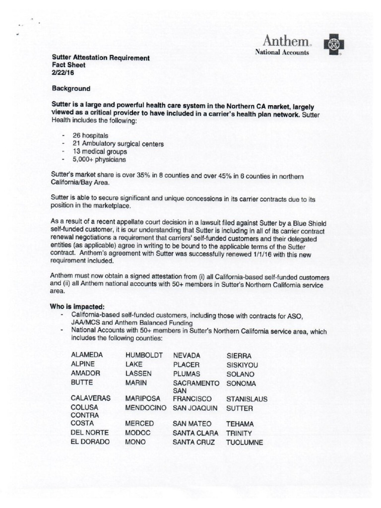 Anthem-Sutter Letter | PDF