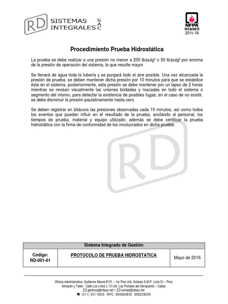 Protocolo de Prueba Hidrostatica | PDF | Presión | Naturaleza