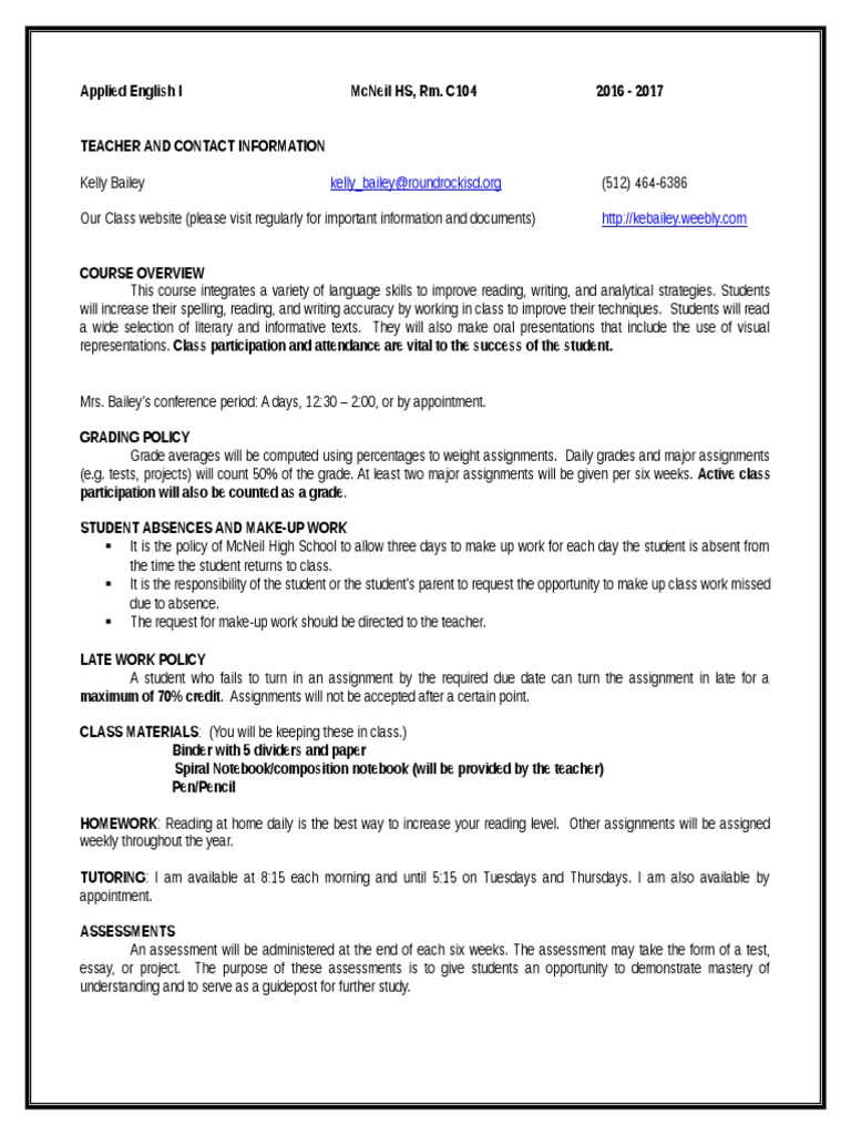 Applied English I Course Overview | PDF | Homework | Reading (Process)