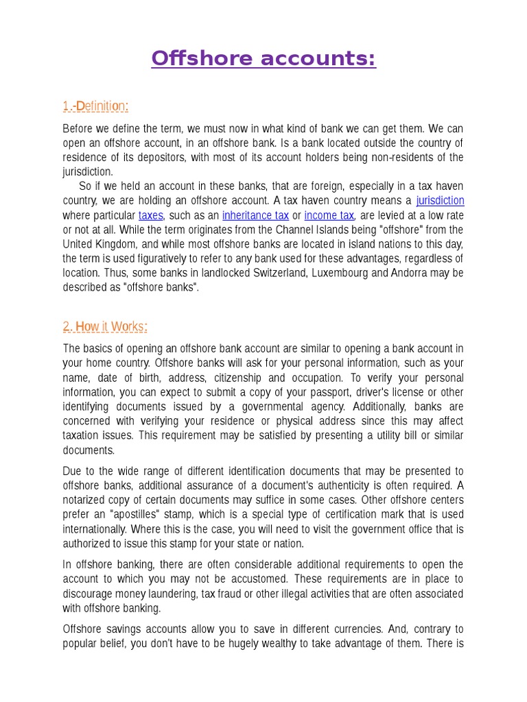 Offshore Accounts:: 1.-Definition | Download Free PDF | Tax Haven | Taxes