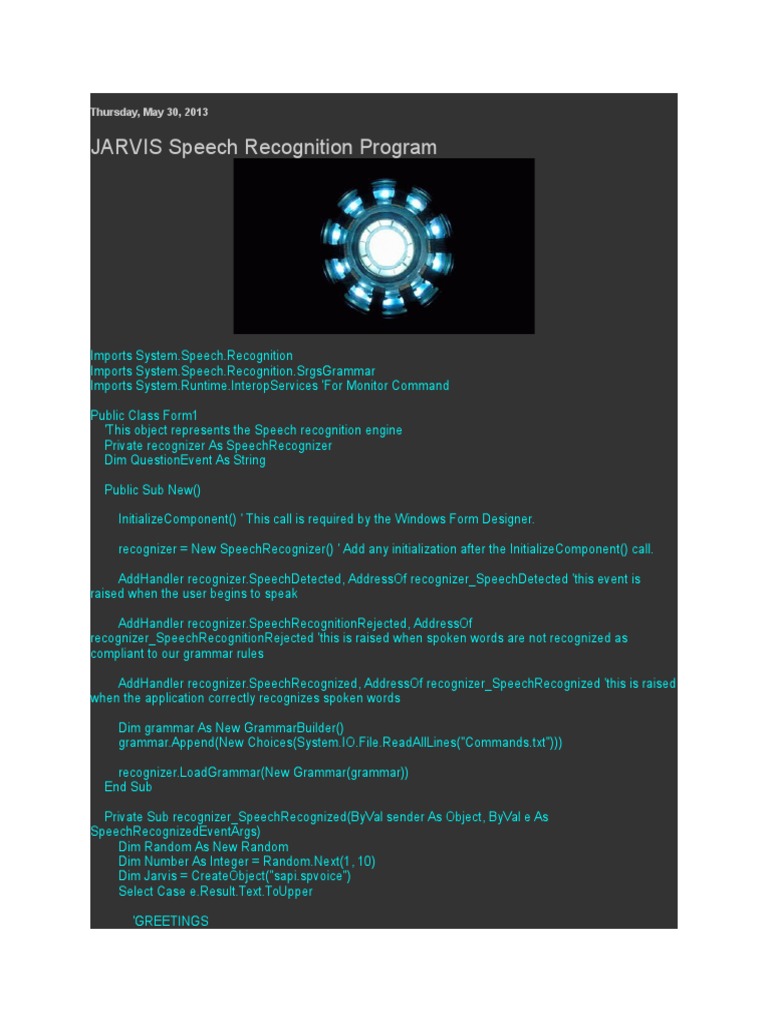 JARVIS Speech Recognition Program: Thursday, May 30, 2013 | PDF | Computing | Software