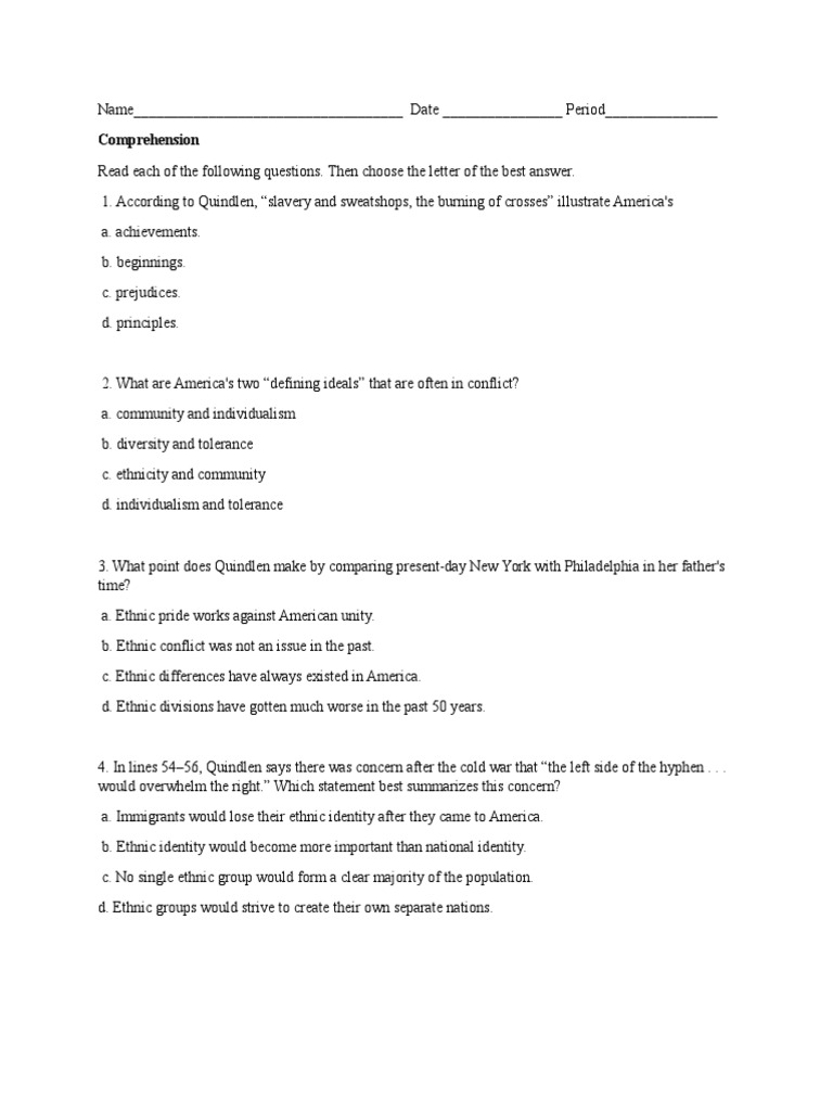 Quilt of A Country Comprehension Docx Assessment | PDF