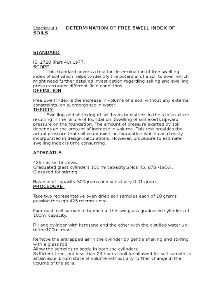 Experiment 1: Determination of Free Swell Index of Soils | PDF
