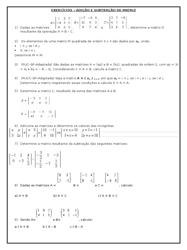 Exercícios de Adição e Subtração de Matrizes | PDF
