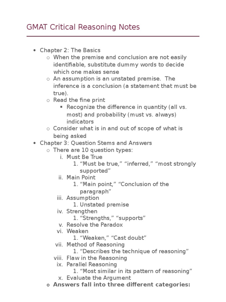 GMAT Critical Reasoning Notes | PDF | Argument | Philosophical Methodology