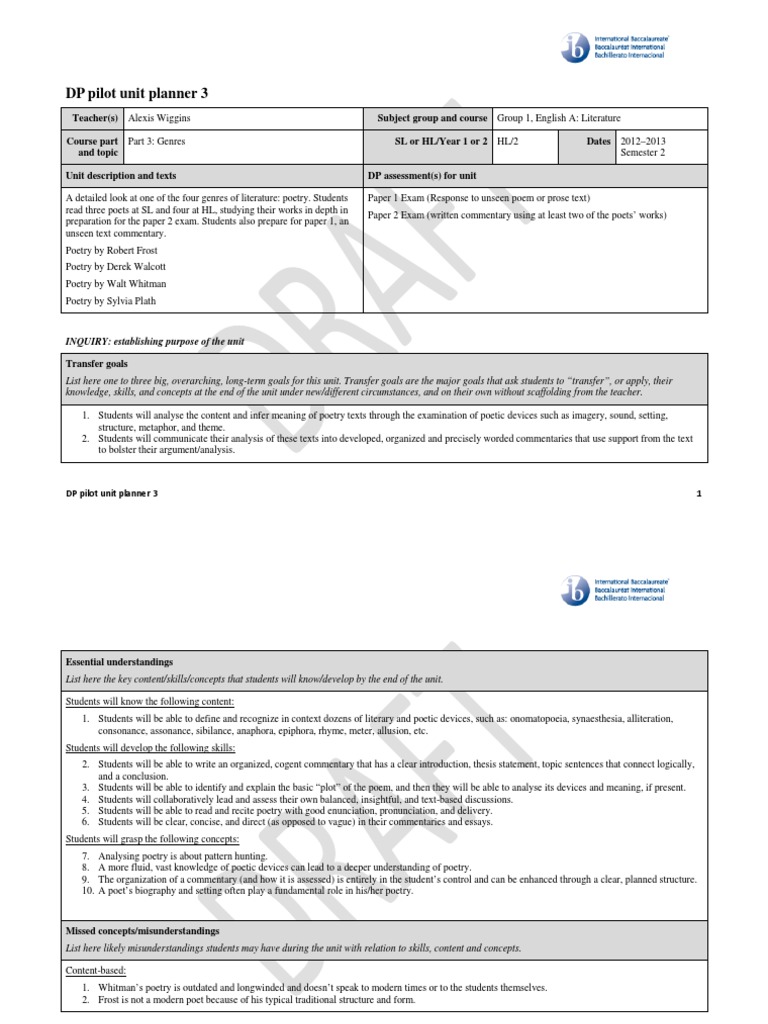 DP Unit Planner Literature Group 1 | PDF | Poetry | Metacognition