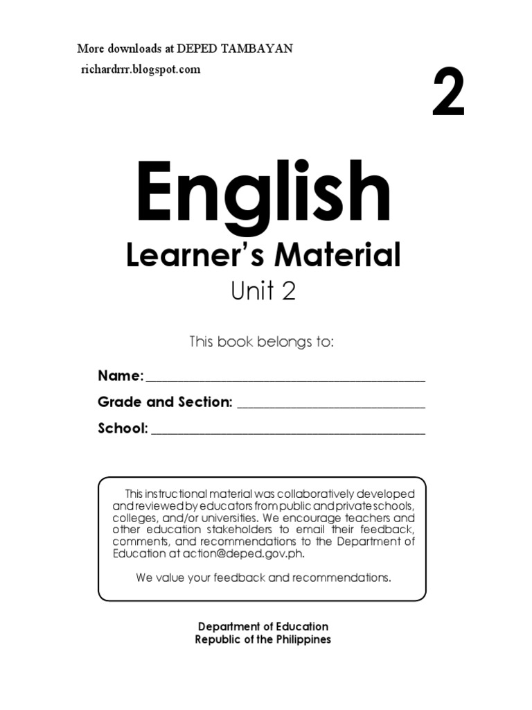 Grade 2 English LM PDF | Download Free PDF | Teachers | Learning