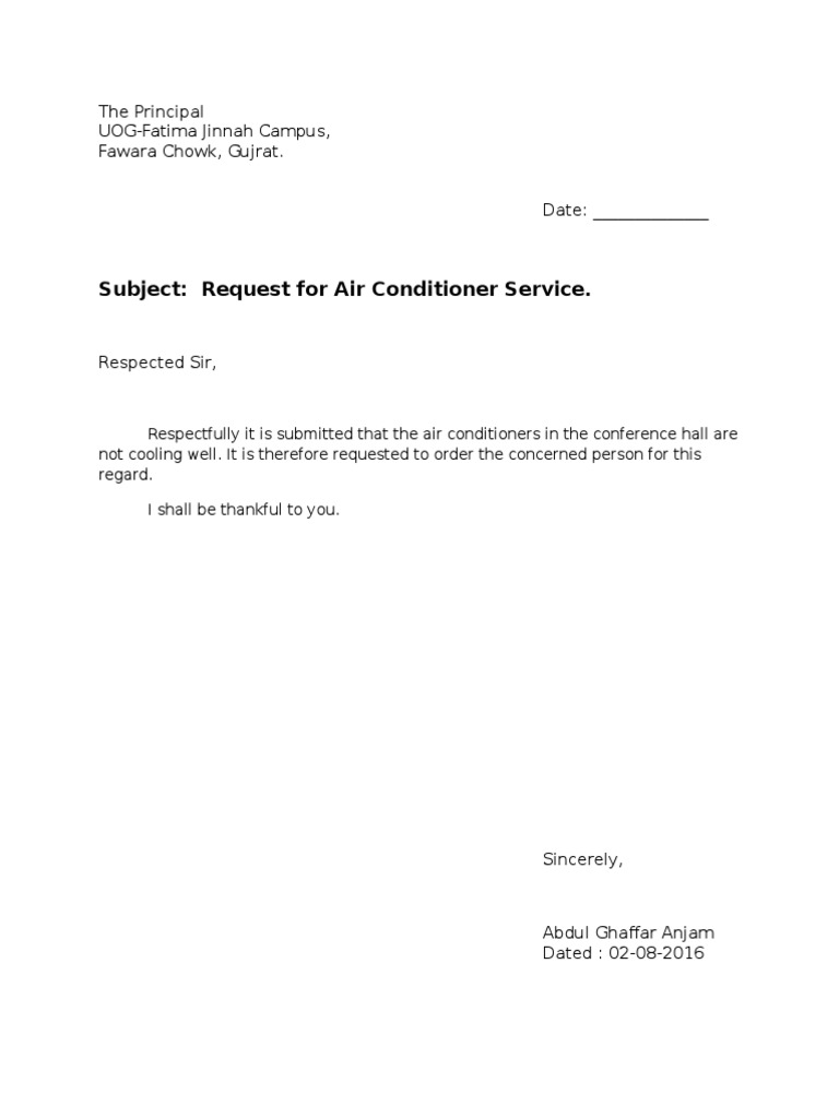 Subject: Request For Air Conditioner Service.: The Principal UOG-Fatima ...