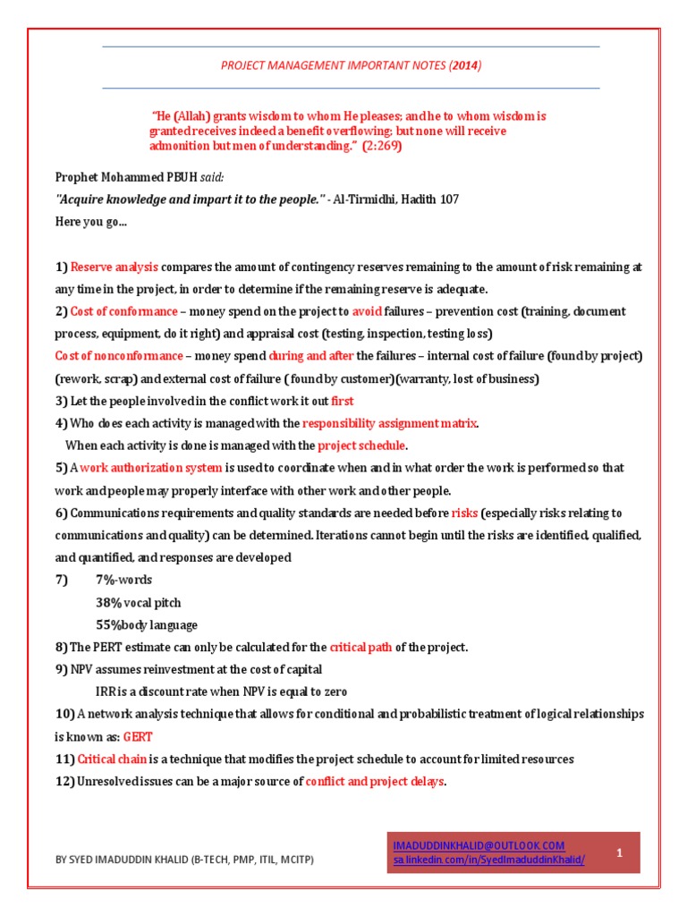 PMP Note | PDF | Internal Rate Of Return | Project Management