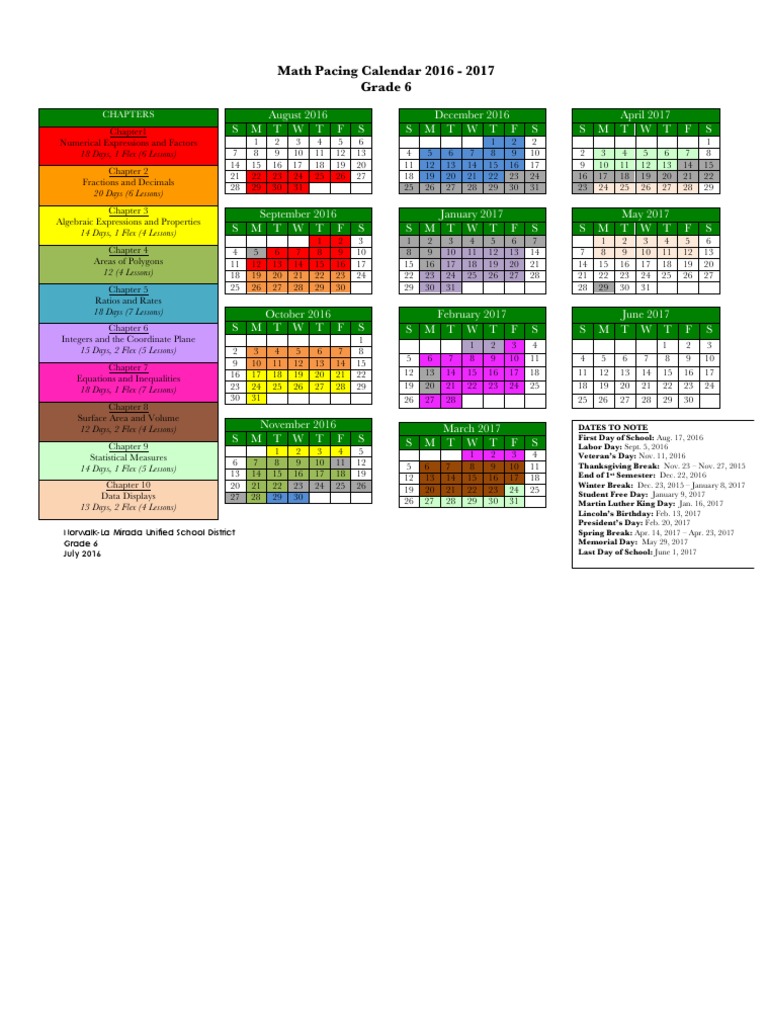 Grade 6 Math Pacing Calendar 2016-2017 | PDF