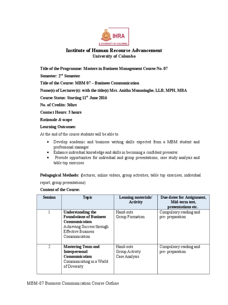 MBM 07 Course Outline Revised | PDF | Test (Assessment) | Educational ...