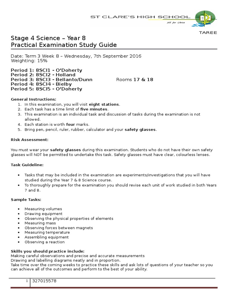 2016 Year 8 Practical Examination Study Guide | PDF
