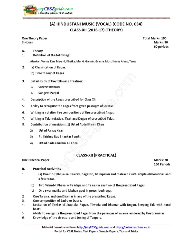 Class 12 Hindustani Music Syllabus | PDF | Classical And Art Music ...