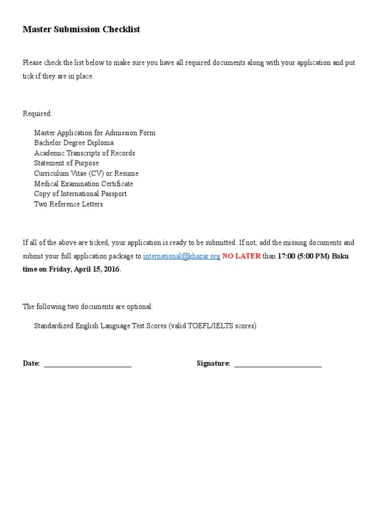Master Submission Checklist. | PDF | University And College Admission ...