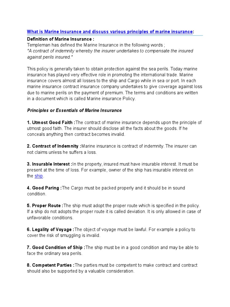 Principles of Marine Insurance Explained | PDF