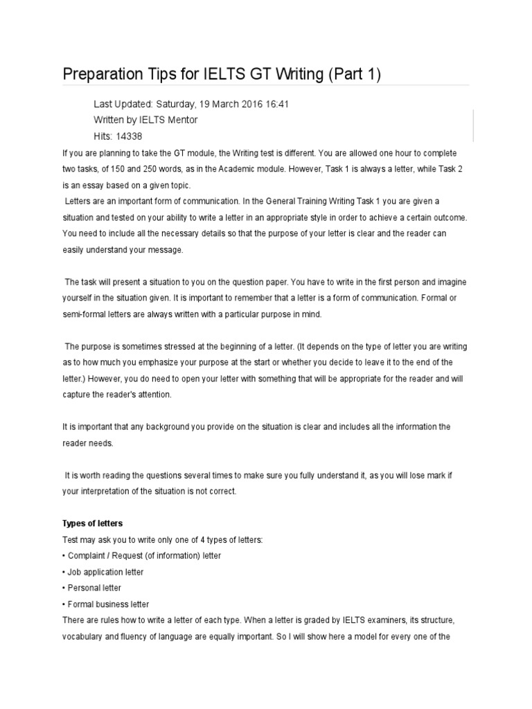 Preparation Tips For IELTS GT Writing (Part 1) | PDF | Paragraph ...