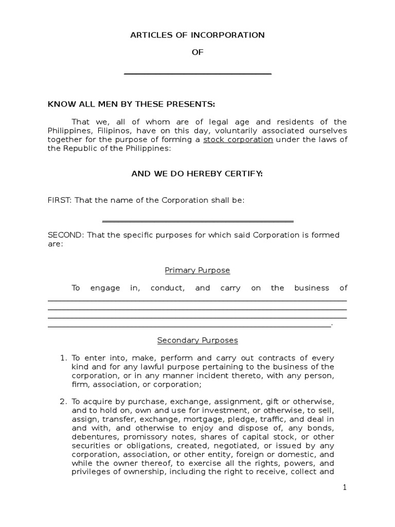 Articles of Incorporation - Template | Download Free PDF | Stocks ...