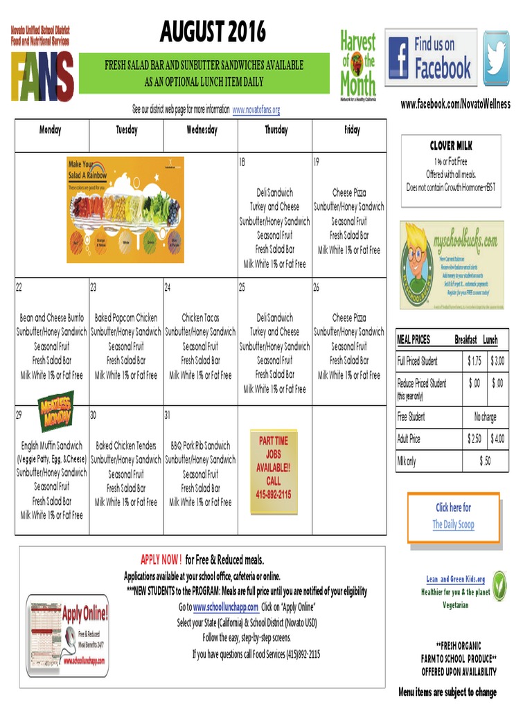 August Menu | PDF | Sandwich | Lunch