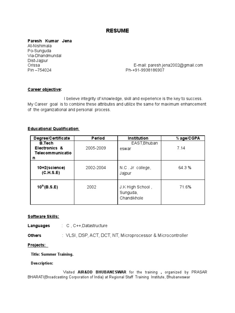 Resume of Paresh Kumar Jena | PDF | Cognition