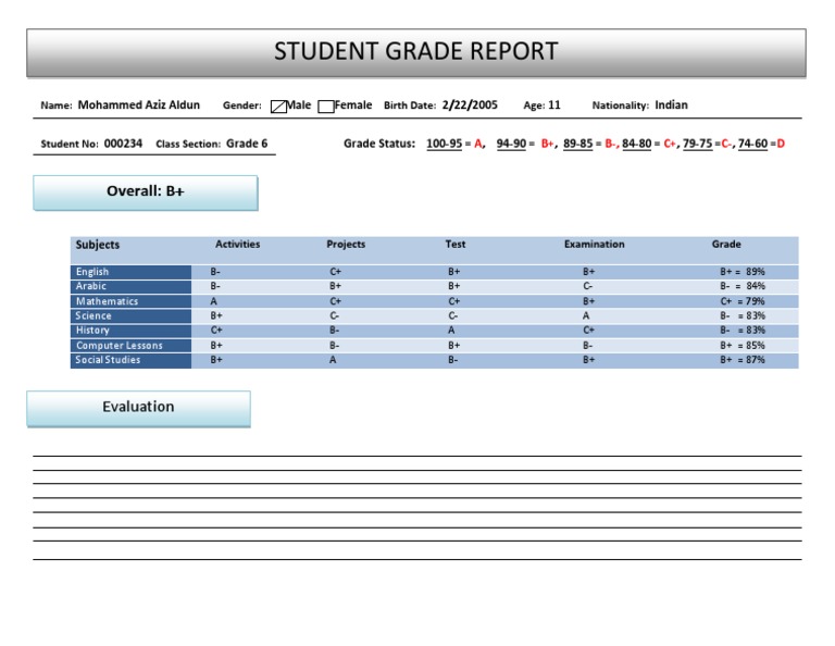 Sample Student Grade Report | PDF