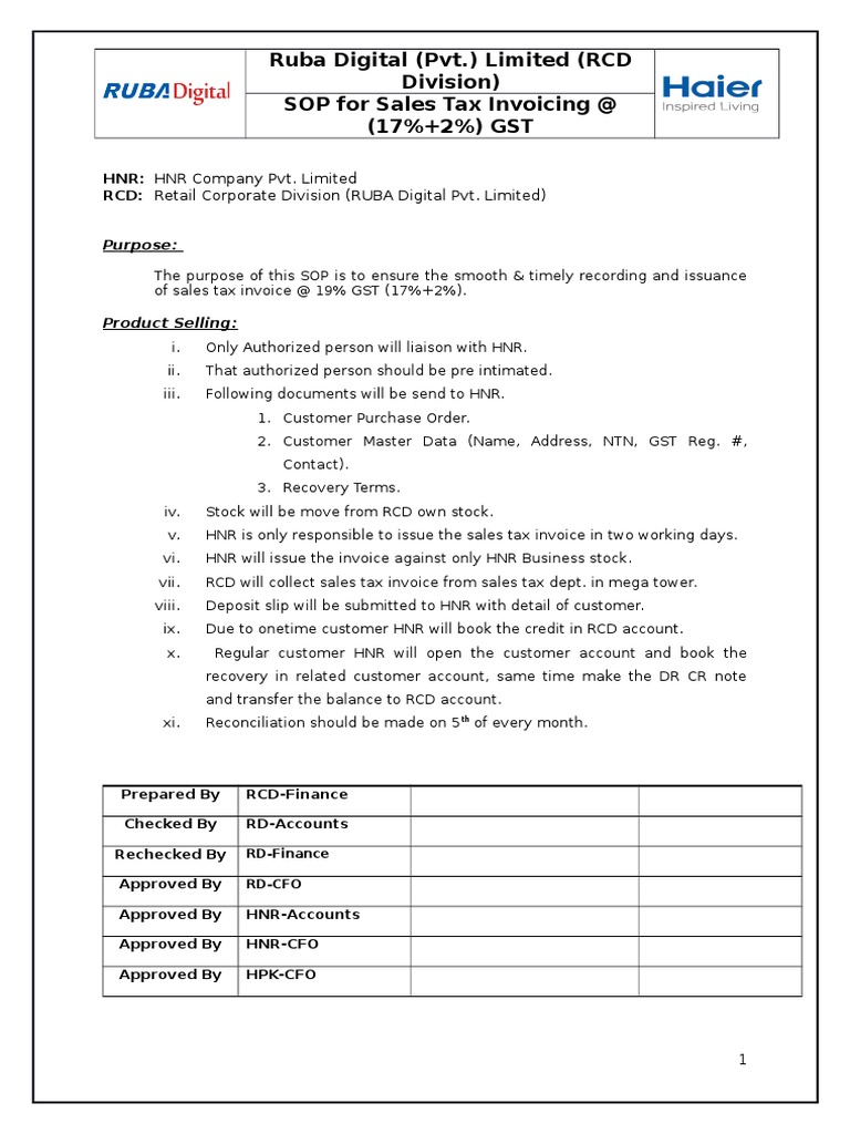 Ruba Digital (PVT.) Limited (RCD Division) SOP For Sales Tax Invoicing ...