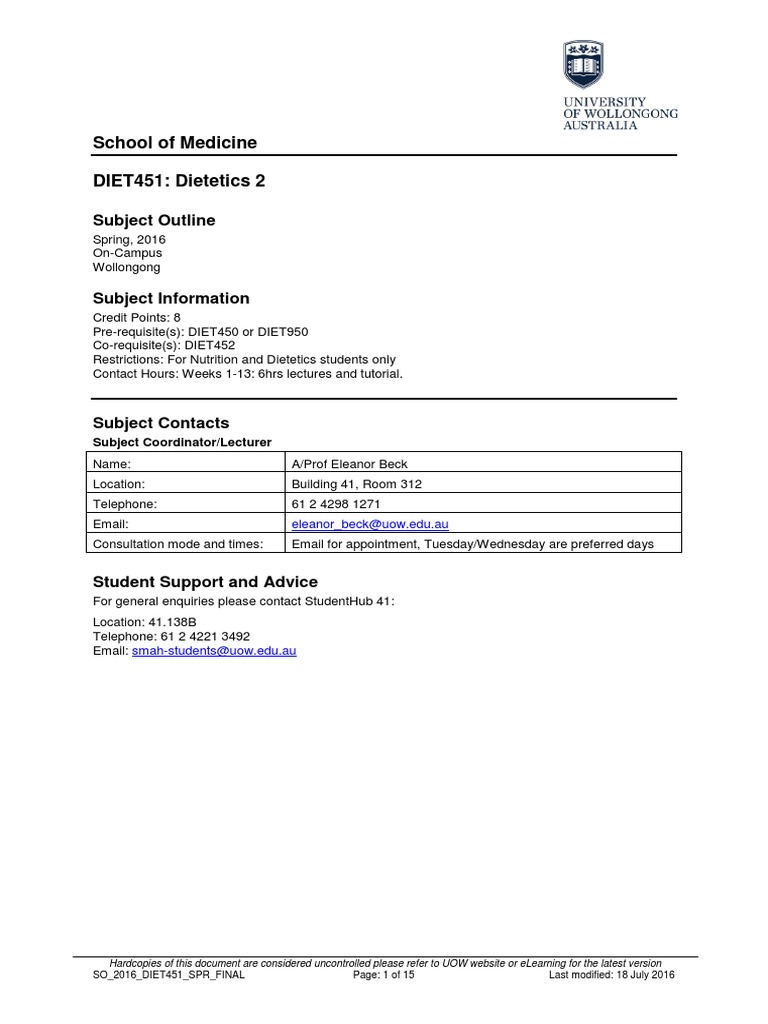 School of Medicine DIET451: Dietetics 2: Subject Outline | PDF ...