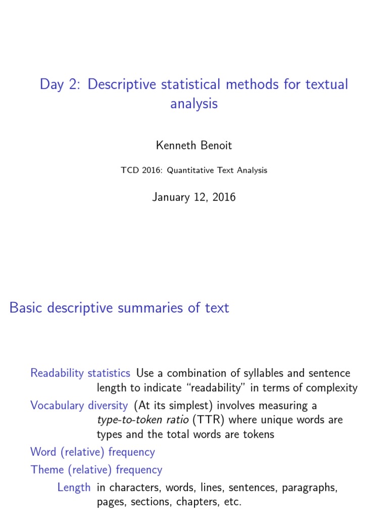 Day 2: Descriptive Statistical Methods For Textual Analysis: Kenneth ...