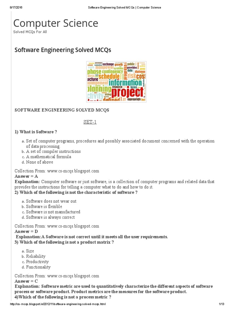 Software Engineering Solved MCQs - Computer Science PDF | PDF ... Software Engineering Solved MCQs - Computer Science PDF | PDF ...