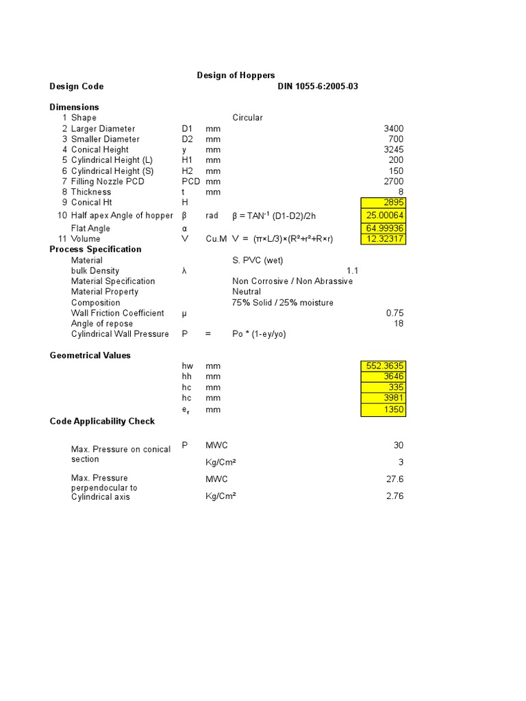 Design of Hoppers Design Code DIN 1055-6:2005-03 Dimensions | PDF