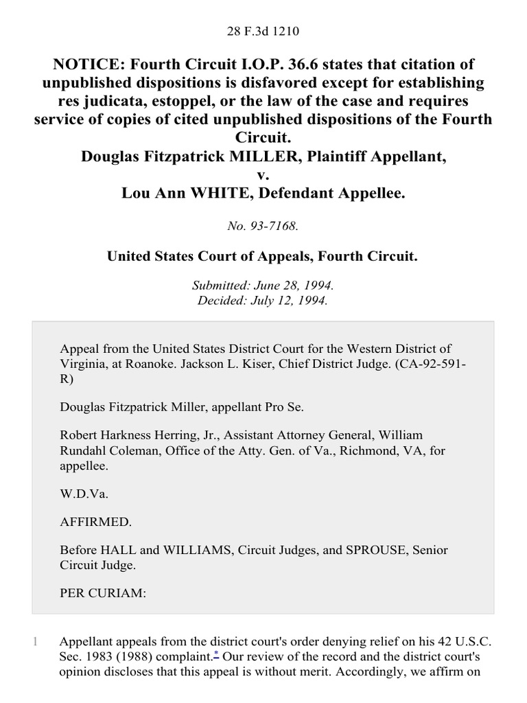 Douglas Fitzpatrick Miller v. Lou Ann White, 28 F.3d 1210, 4th Cir ...