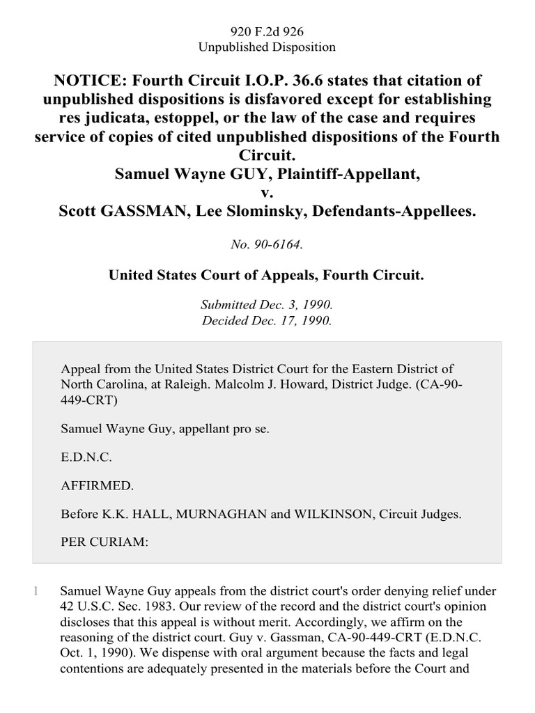 Samuel Wayne Guy v. Scott Gassman, Lee Slominsky, 920 F.2d 926, 4th Cir ...