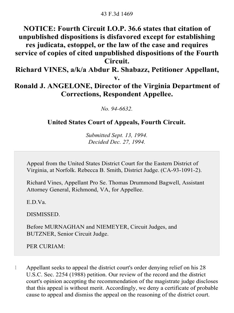 Richard Vines, A/K/A Abdur R. Shabazz v. Ronald J. Angelone, Director ...