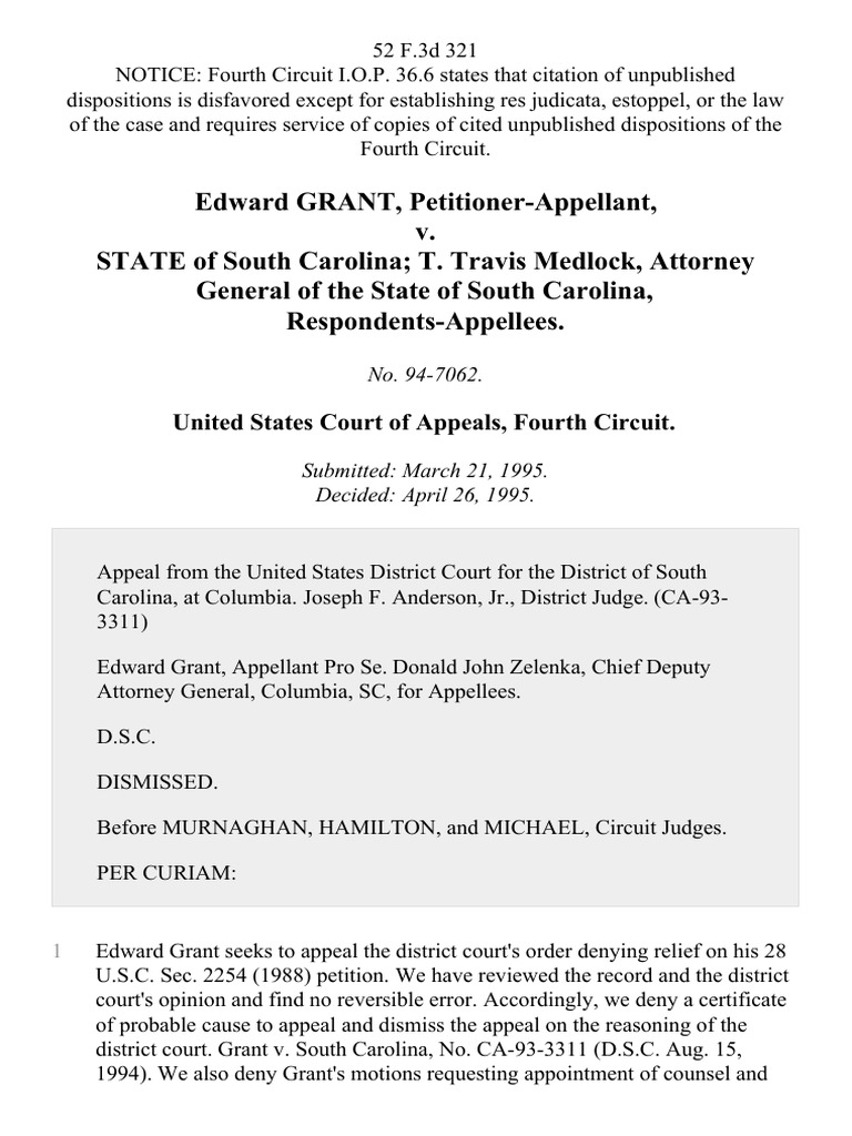 Edward Grant v. State of South Carolina T. Travis Medlock, Attorney ...