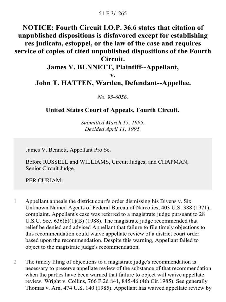 James v. Bennett v. John T. Hatten, Warden, 51 F.3d 265, 4th Cir. (1995 ...
