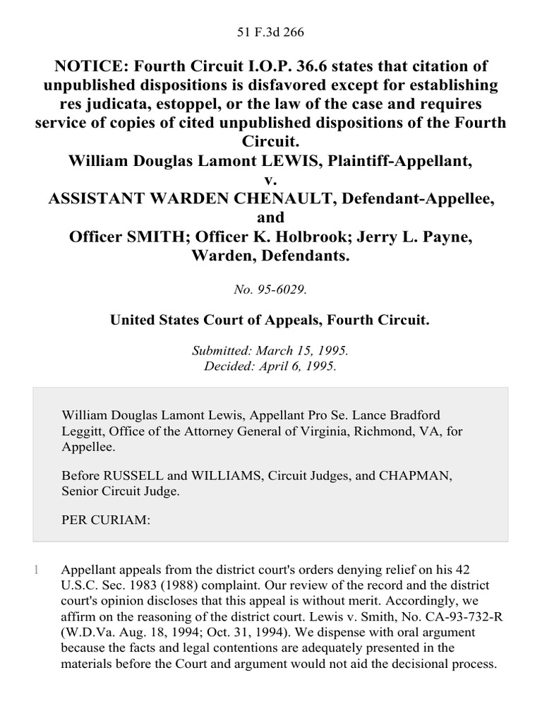 William Douglas Lamont Lewis v. Assistant Warden Chenault, and Officer ...