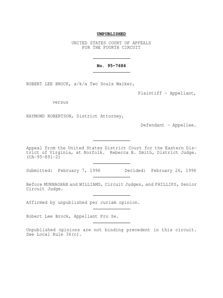 Brock v. Robertson, 4th Cir. (1996) | PDF | Politics | Sports & Recreation