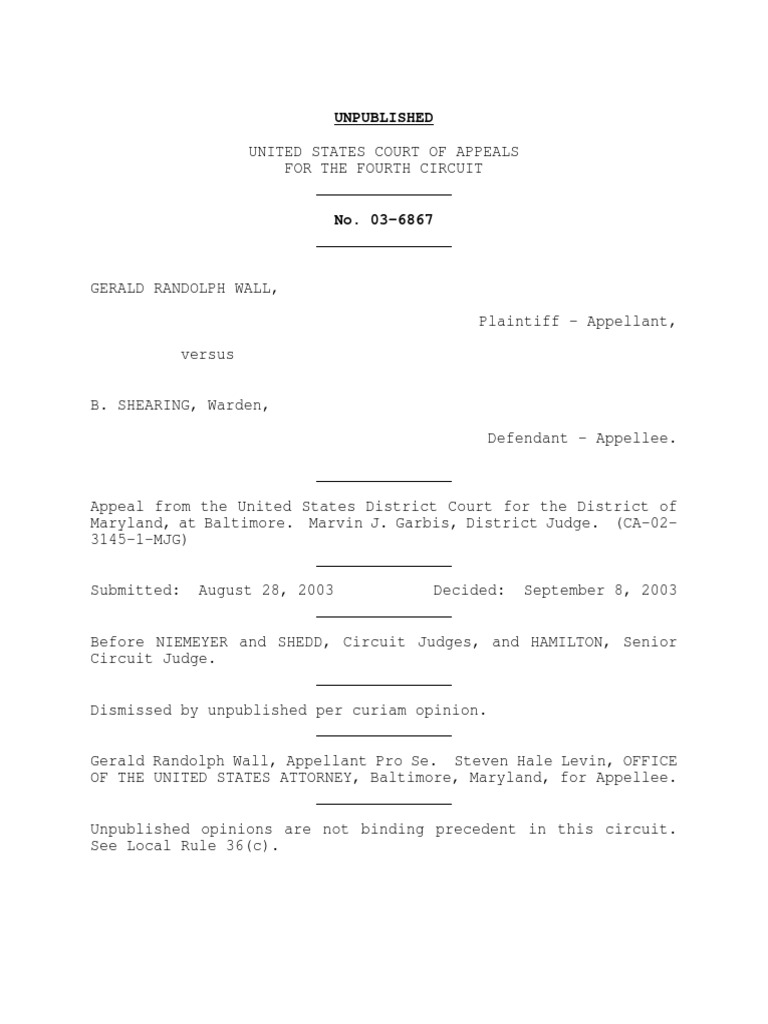 Wall v. Shearing, 4th Cir. (2003) | PDF | Social Science